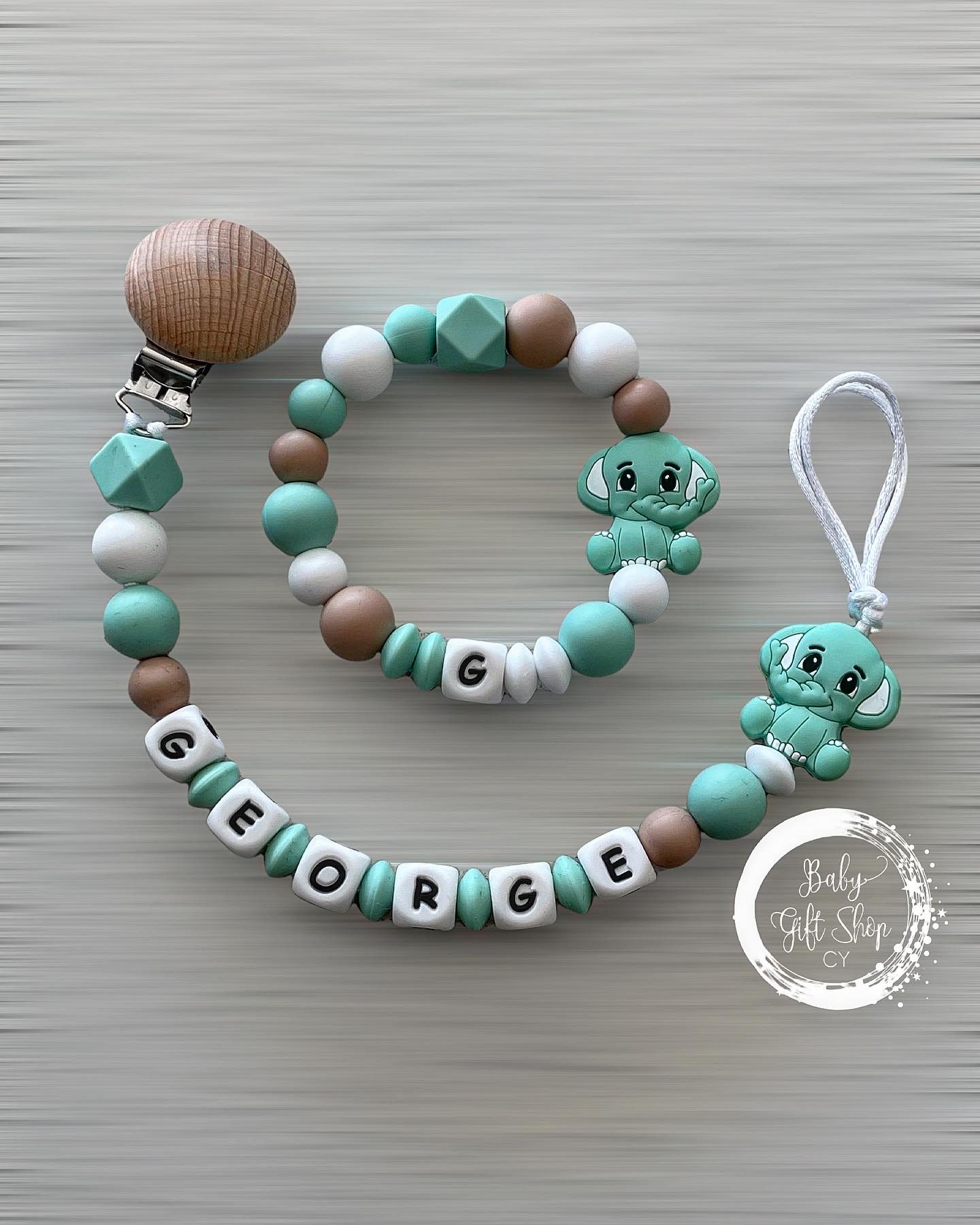 Pacifier clip set with teething ring green elephant - Baby Gift Shop